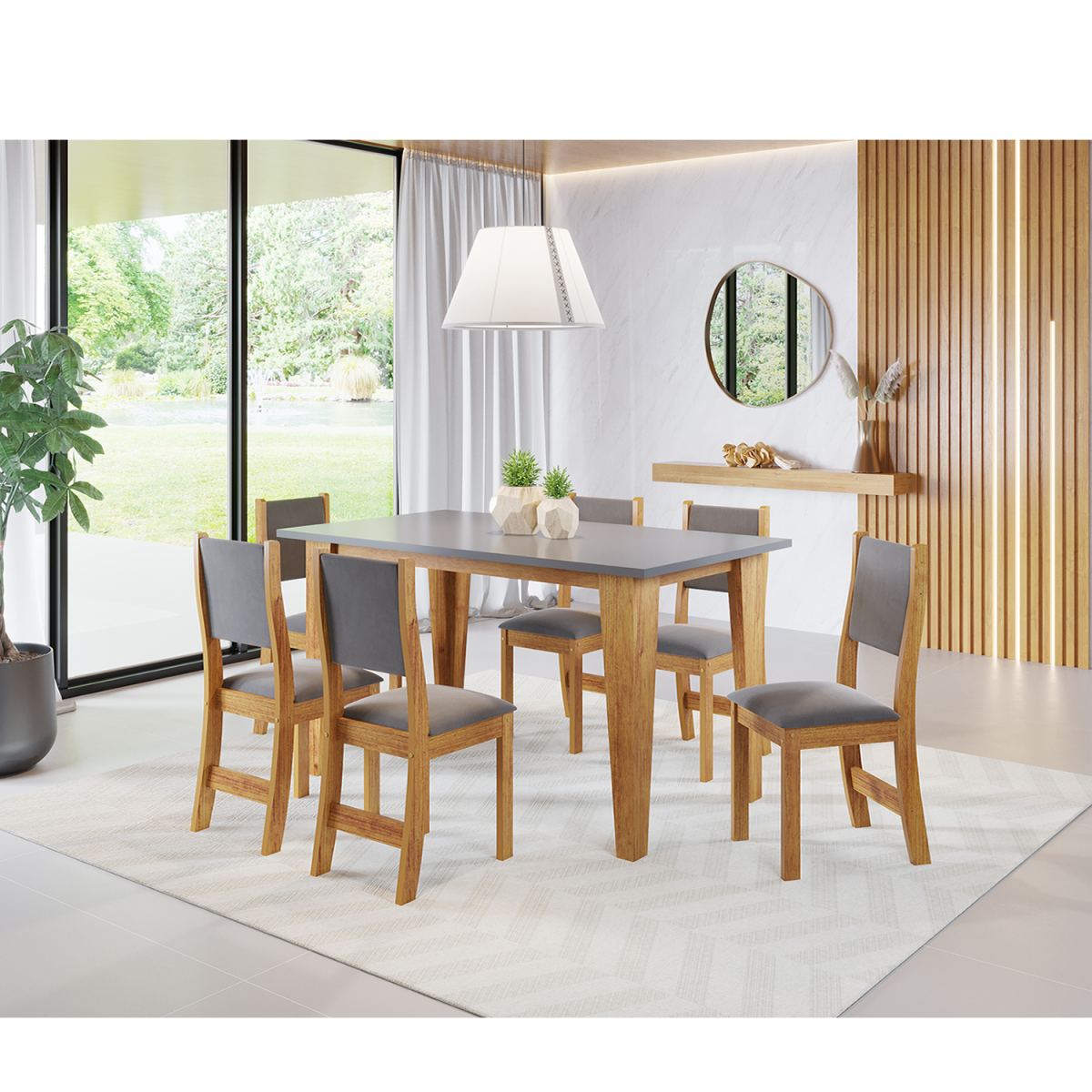 Mesa de Jantar Retangular Valduga com 6 Cadeiras Sol Mel/Cinza Brilho ...