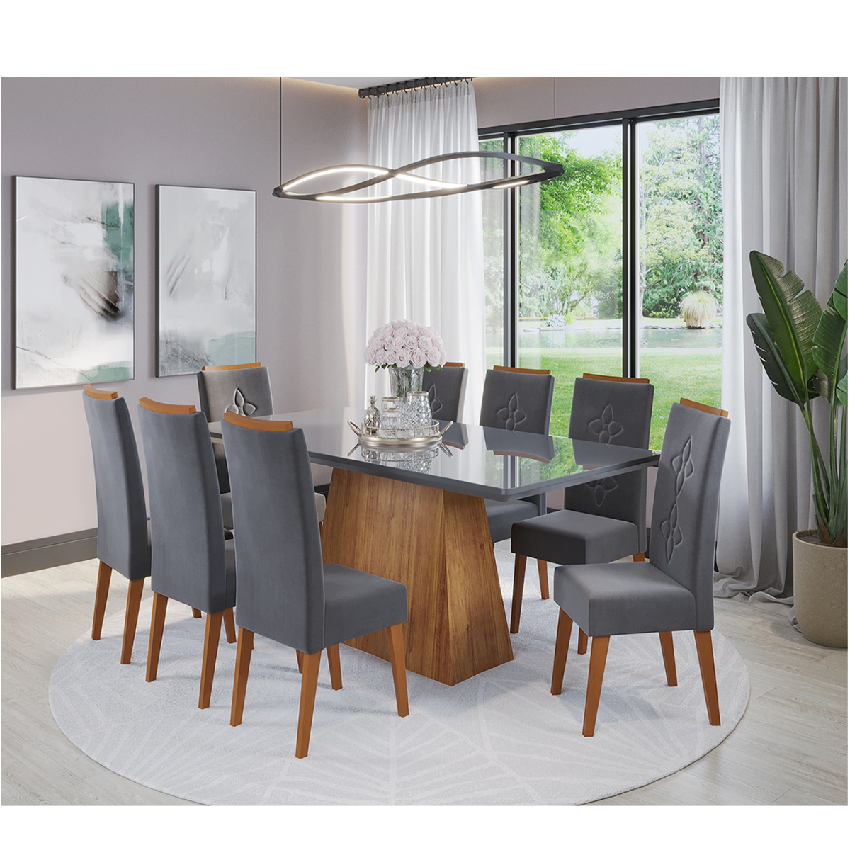 Mesa de Jantar Retangular Perini com 8 Cadeiras Flora em Madeira Maciça ...