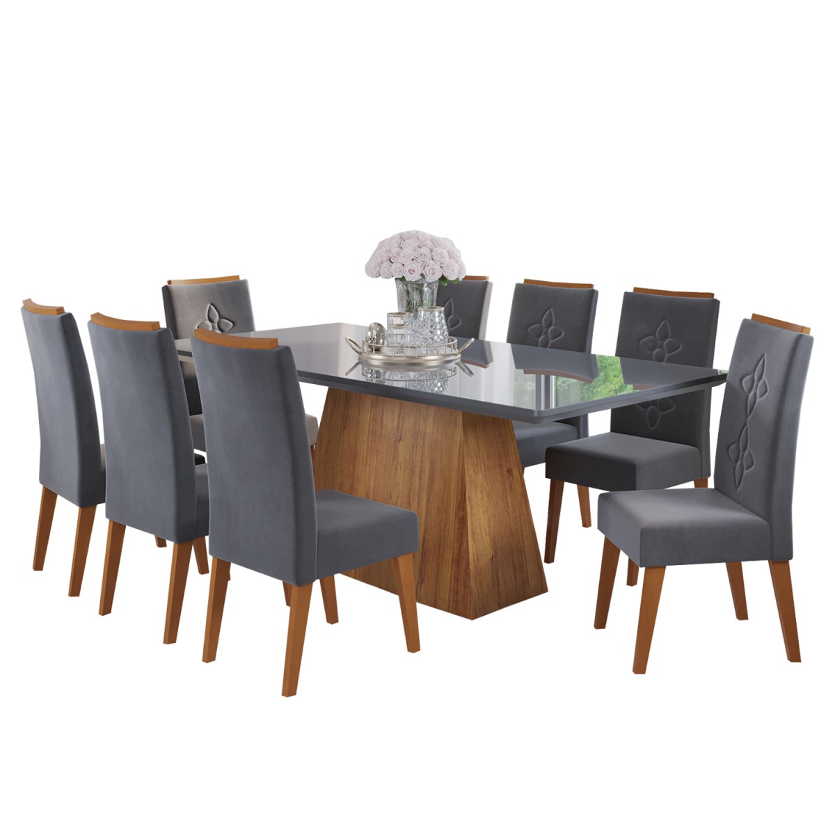Mesa de Jantar Retangular Perini com 8 Cadeiras Flora em Madeira Maciça ...