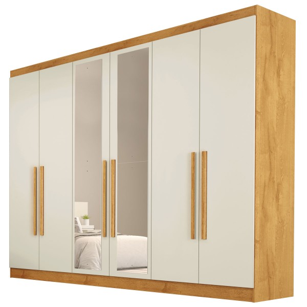 Guarda-Roupa Casal Oslo 6 Portas 4 Gavetas 100% Mdf com Espelho Peroba/Off White - Mademarques