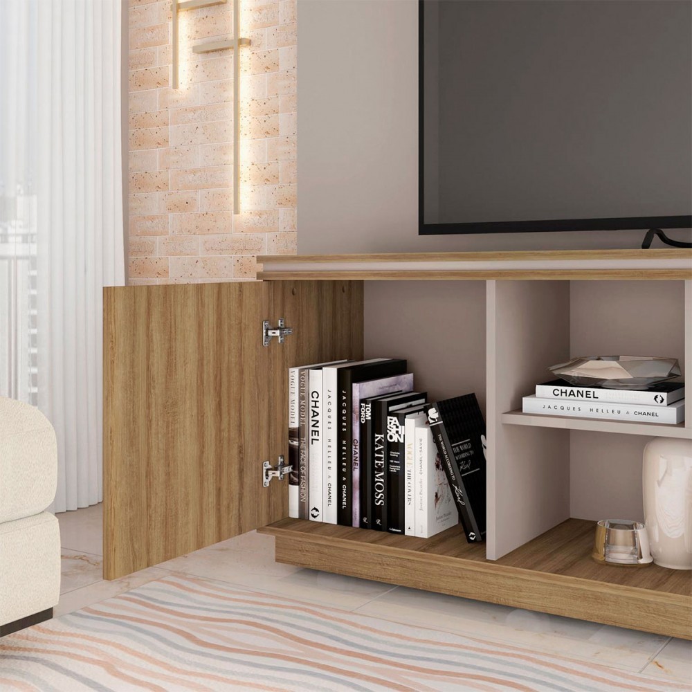 Rack para TV Até 75 Polegadas Simetria 2 Portas Ripadas Mel/Cinza - Caemmun