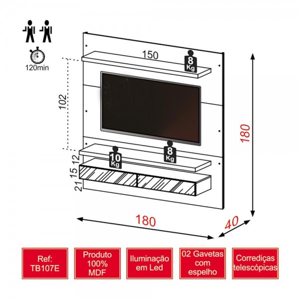 Painel para TV Até 50 Polegadas com Led 2 Gavetas 100% Mdf Tb107e Nobre ...