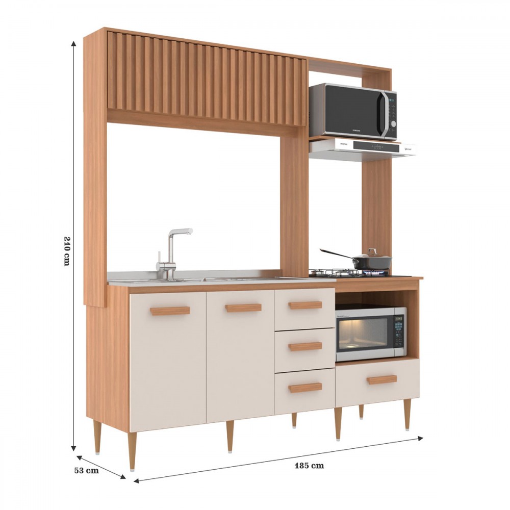 Cozinha Compacta Celine 4 Portas 3 Gavetas Ripado Freijó/Off White - J Carvalho