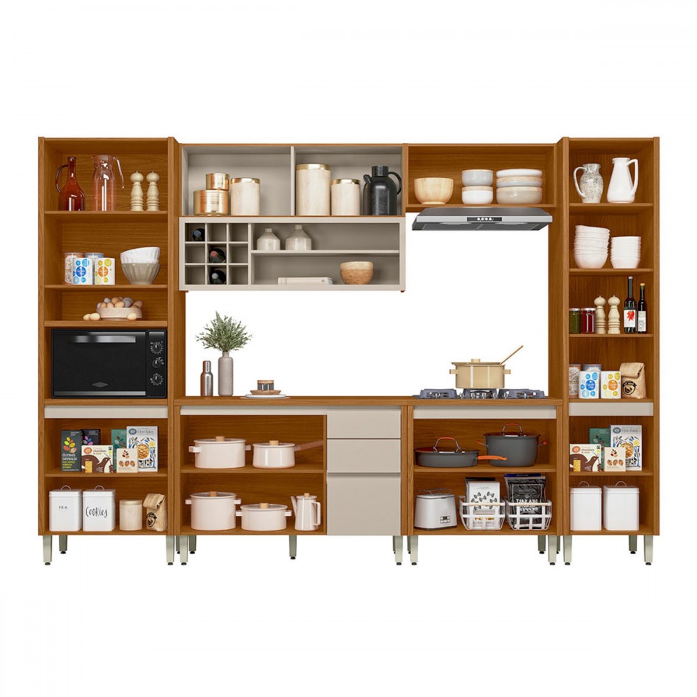 Cozinha Completa Matisse 12 Portas 3 Gavetas Ripado 100% Mdf Nature/Off ...