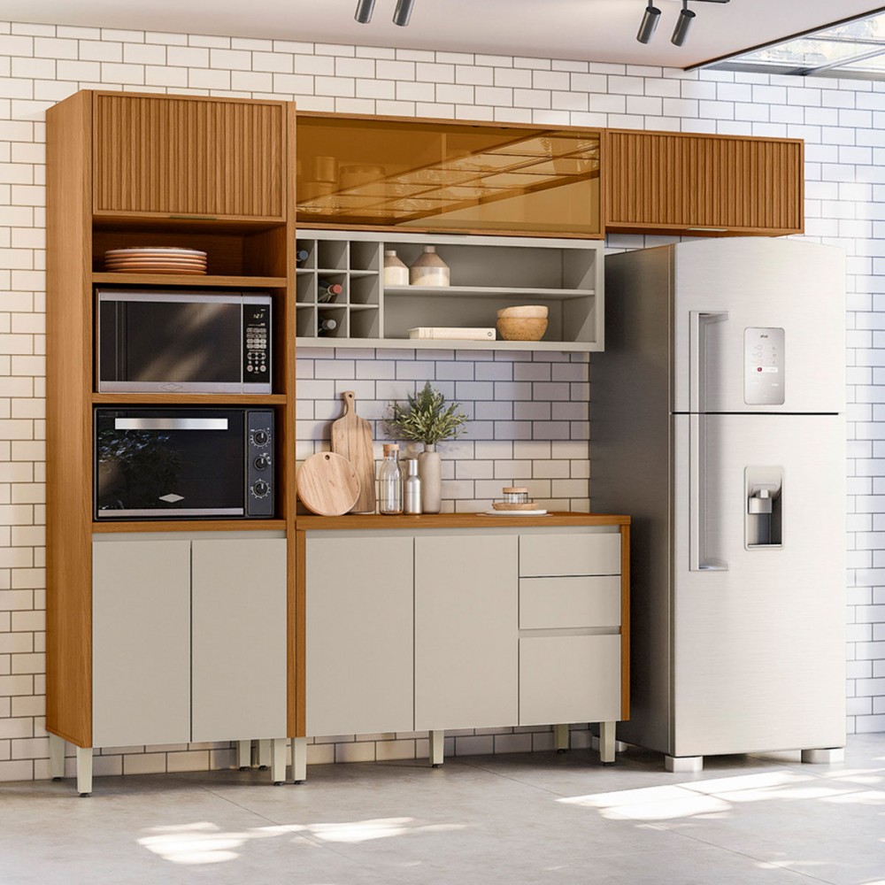 Cozinha Completa Matisse 7 Portas 3 Gavetas com Vidro Ripado 100% Mdf ...