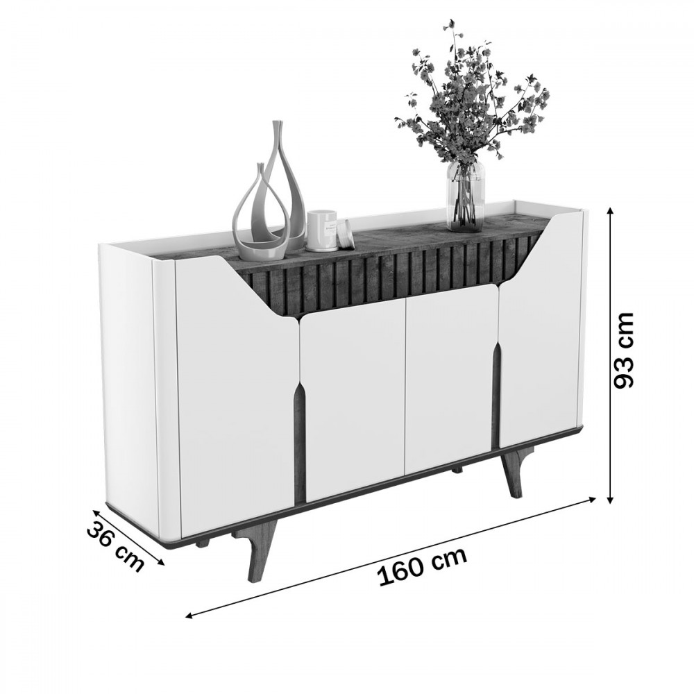 Balcão Buffet Tamisa 4 Portas Ripado Preto Fosco/Naturalle - Móveis Bechara