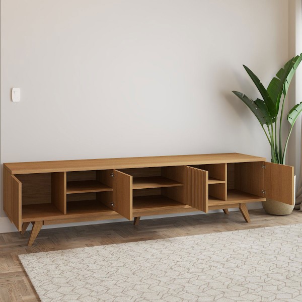 Rack para TV Até 75 Polegadas Silver 4 Portas 1 Prateleira Ripado Cinamomo - Panorama Móveis