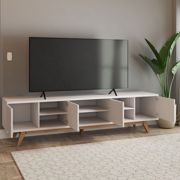 Rack para TV Até 75 Polegadas Silver 4 Portas 1 Prateleira Ripado ...