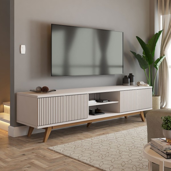 Rack para TV Até 75 Polegadas Silver 4 Portas 1 Prateleira Ripado ...