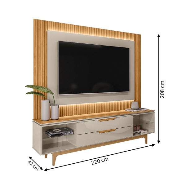 Rack para TV Até 70 Polegadas Los Angeles 2 Gavetas Ripado com Led Tauari/Off White Brilho ...