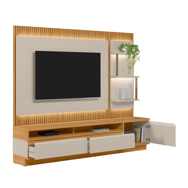 Rack com Painel para TV Até 70 Polegadas São Paulo 2 Gavetas 1 Porta Ripado com Led Tauari/Off ...