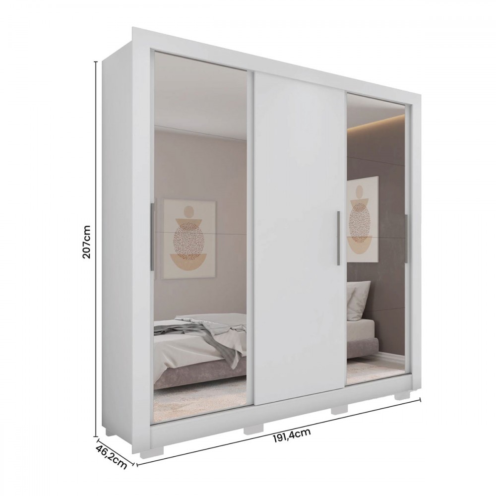 Guarda-Roupa Casal Santiago 3 Portas 4 Gavetas com Espelho Branco - Caemmun