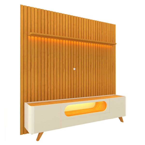 Rack com Painel para TV Até 85 Polegadas Nobre 2 Portas Ripado 100% Mdf com Led Naturale/Off ...