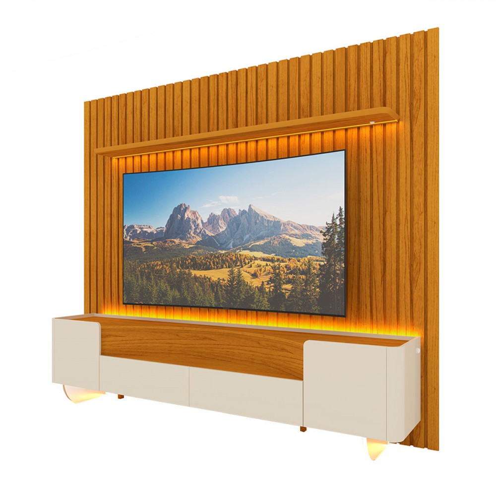 Rack com Painel para TV Até 85 Polegadas Nobre 2 Portas Ripado com Led 100% Mdf Naturale/Off ...