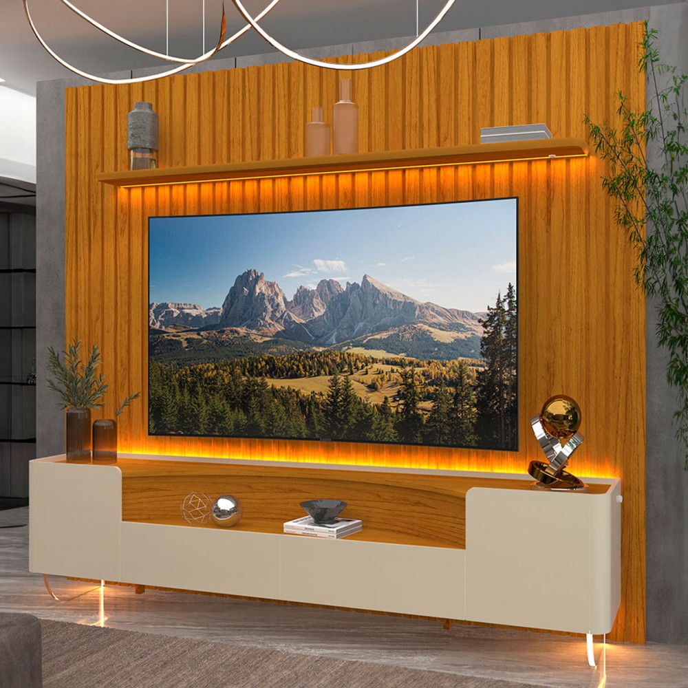 Rack com Painel para TV Até 85 Polegadas Nobre 2 Portas Ripado com Led 100% Mdf Naturale/Off ...