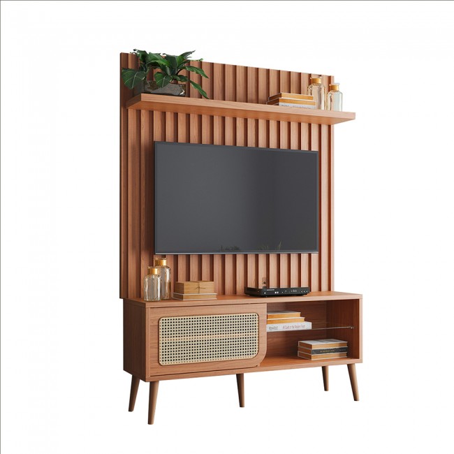 Rack com Painel para TV 139cm Até 55 Polegadas 1 Porta com Palha Natural e Ripado Freijó - Dalla ...