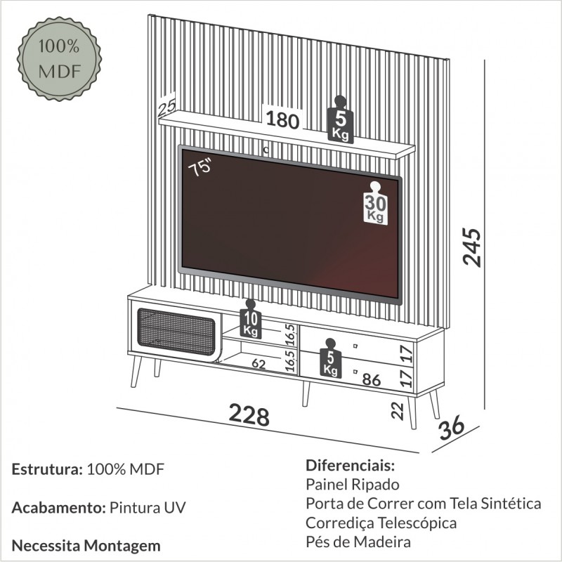 Rack com Painel para TV Até 75 Polegadas 2 Gavetas 1 Porta Ripado Freijó - Dalla Costa