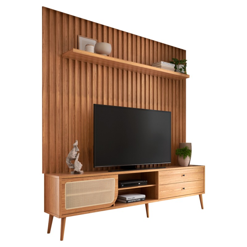 Rack com Painel para TV Até 75 Polegadas 2 Gavetas 1 Porta Ripado Freijó - Dalla Costa