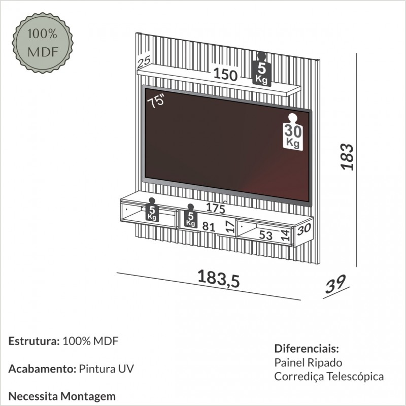 Painel para TV Até 75 Polegadas 1 Gaveta Ripado Off White/Freijó - Dalla Costa