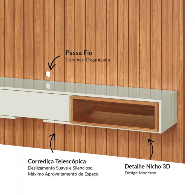 Painel para TV Até 75 Polegadas 1 Gaveta Ripado Off White/Freijó - Dalla Costa