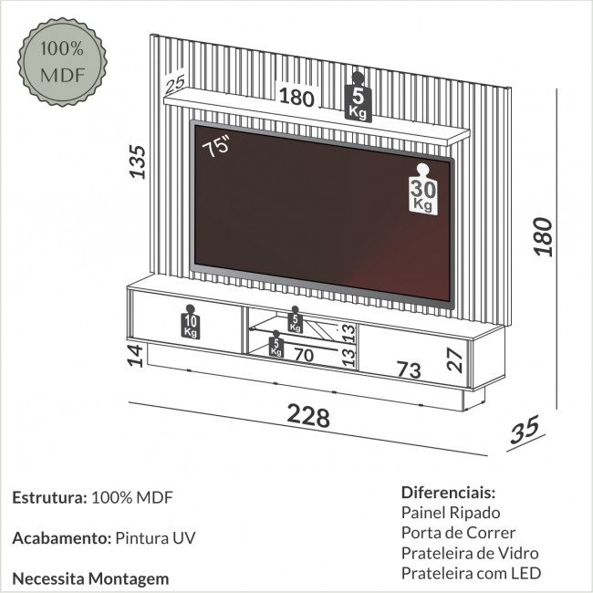 Painel para TV Até 75 Polegadas 2 Portas com Led Ripado Fendi - Dalla Costa