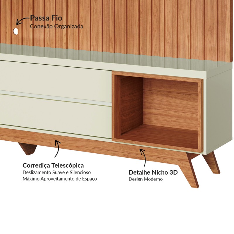 Painel para TV Até 75 Polegadas 2 Gavetas Espelhadas com Fita Led Ripado Off White/Freijó ...