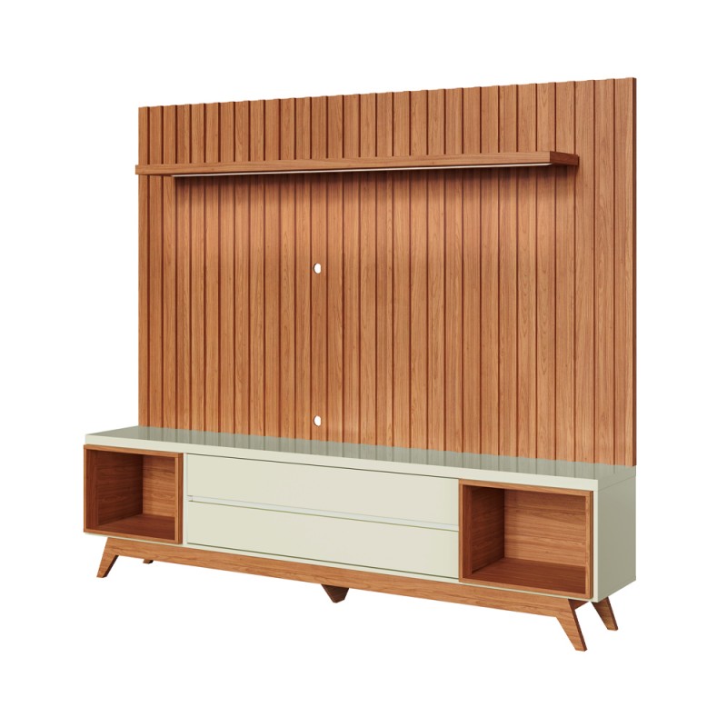 Painel para TV Até 75 Polegadas 2 Gavetas Espelhadas com Fita Led Ripado Off White/Freijó ...