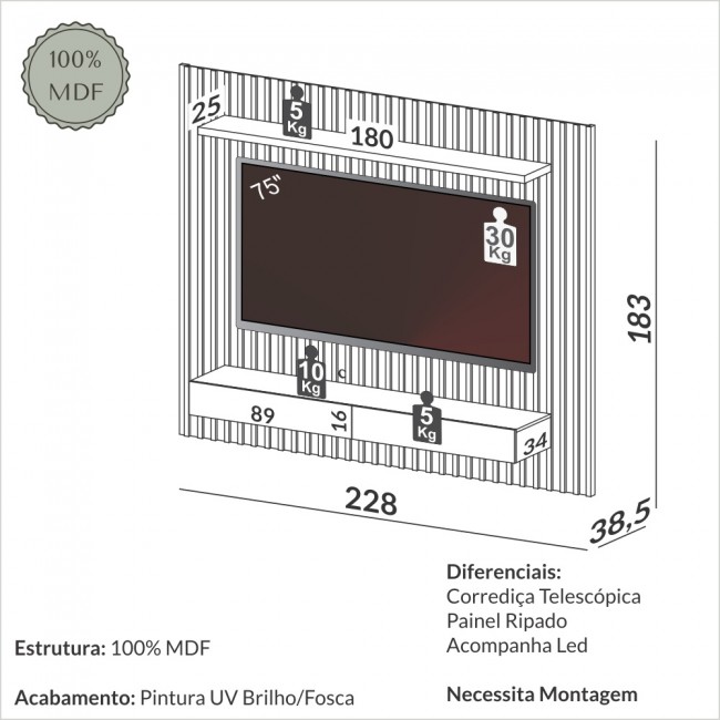 Painel para TV Até 75 Polegadas 2 Gavetas com Led 228cm Ripado Freijó ...