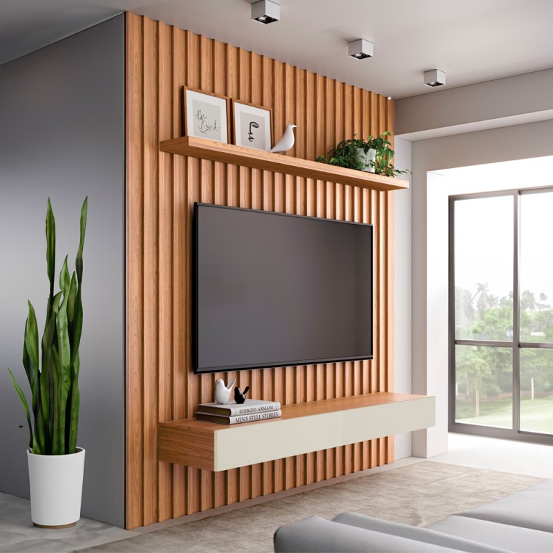 Painel para TV Até 75 Polegadas 2 Gavetas Ripado Freijó/Off White - Dalla Costa