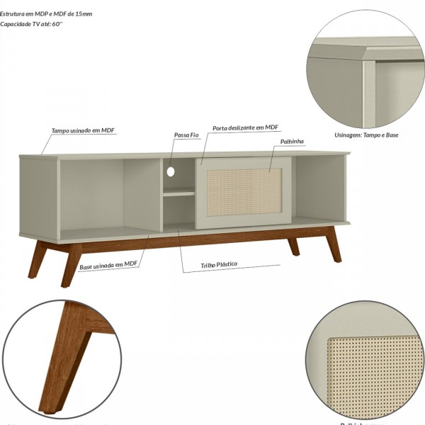 Rack Retro Panama Até 60 Polegadas 1 Porta Off White - Olivar Móveis