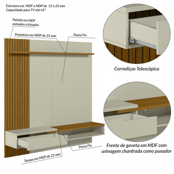 Painel Decor Ripado P/Tvs Até 65 Polegadas C/ Nicho Suspenso 180cm Off White/Cedro - Olivar Móveis
